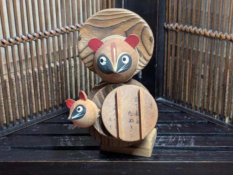 Vintage 1980s Japanese Tanuki Kokeshi Doll | Handmade Wooden Raccoon ...