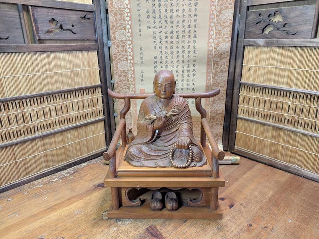 Japanese Vintage Buddha Sugi Wood Statue Large Signed Scroll Kakejiku ...