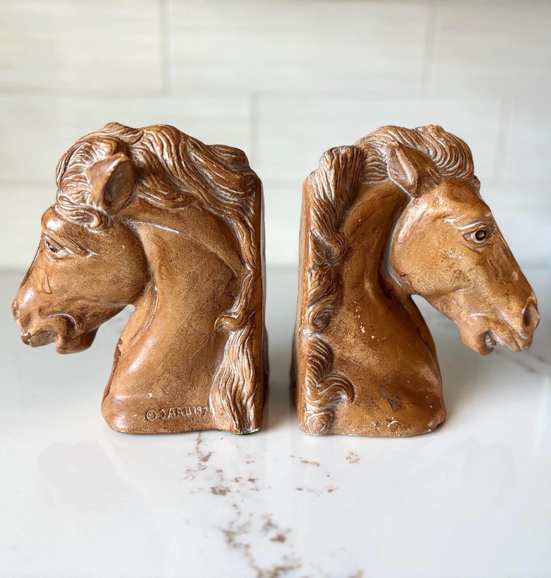 Unique Horse Head Pair of Bookend Busts, Neutral, Vintage Chalkware ...