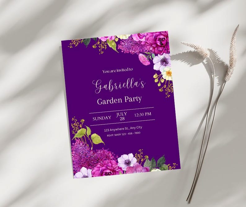Purple Party Invitation Card, Printable Invitation, Party Card Template ...