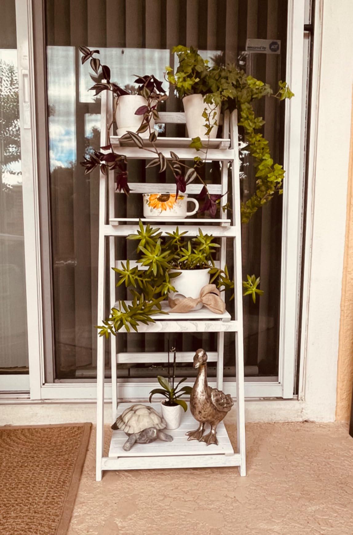 Foldable Ladder Shelf Wood Multi Tier Plant Stand Tall Flower Pot ...