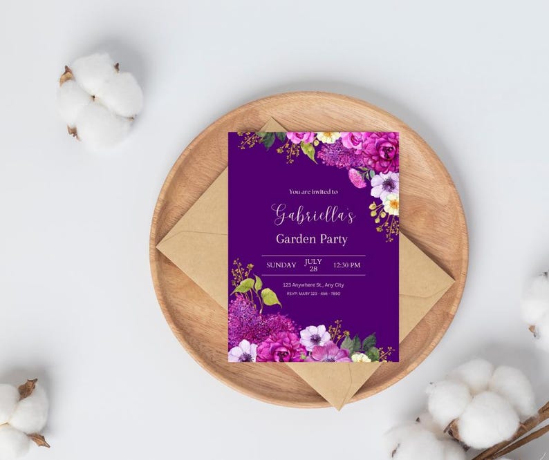 Purple Party Invitation Card, Printable Invitation, Party Card Template ...