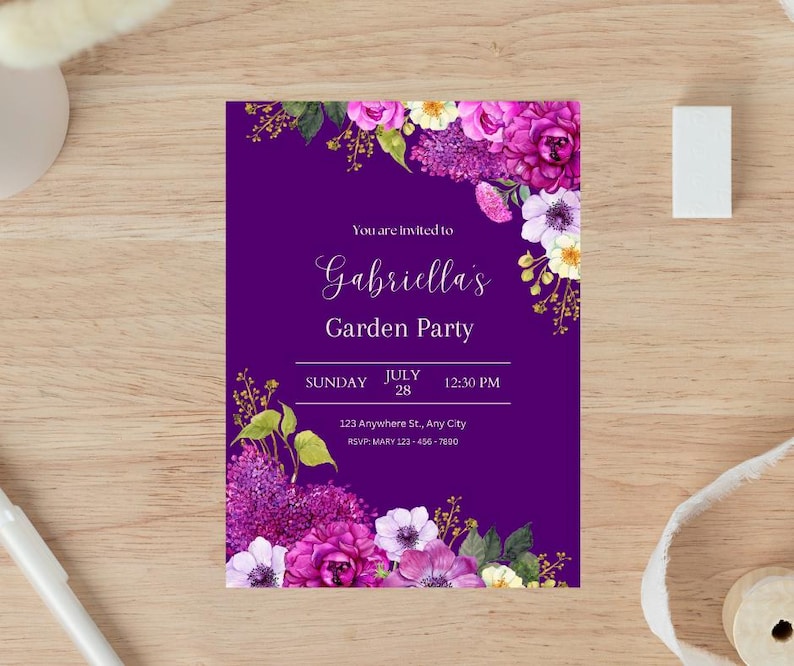 Purple Party Invitation Card, Printable Invitation, Party Card Template ...