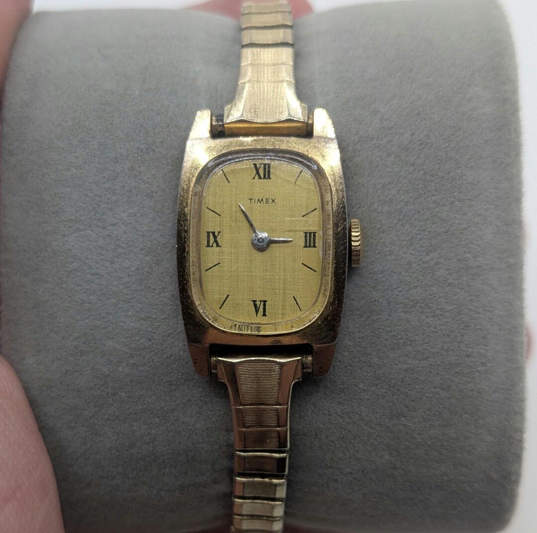 Vintage Timex Tank Watch Gold Tone With Black Roman Numerals. Hand Wind ...