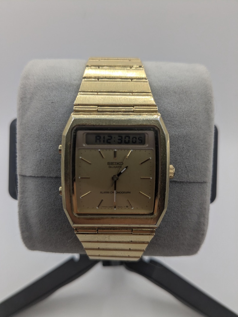 Vintage Seiko Analog Digital Alarm Chronograph Gold Tone Tank Watch ...