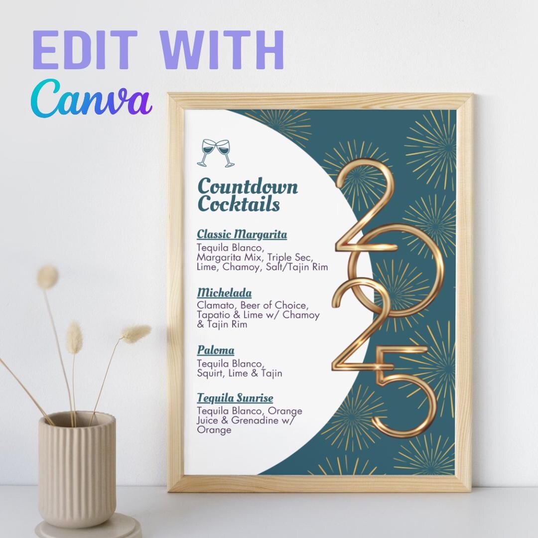 2025 New Years Eve Drink Menu Template Teal Gold Cocktail Bar Design ...