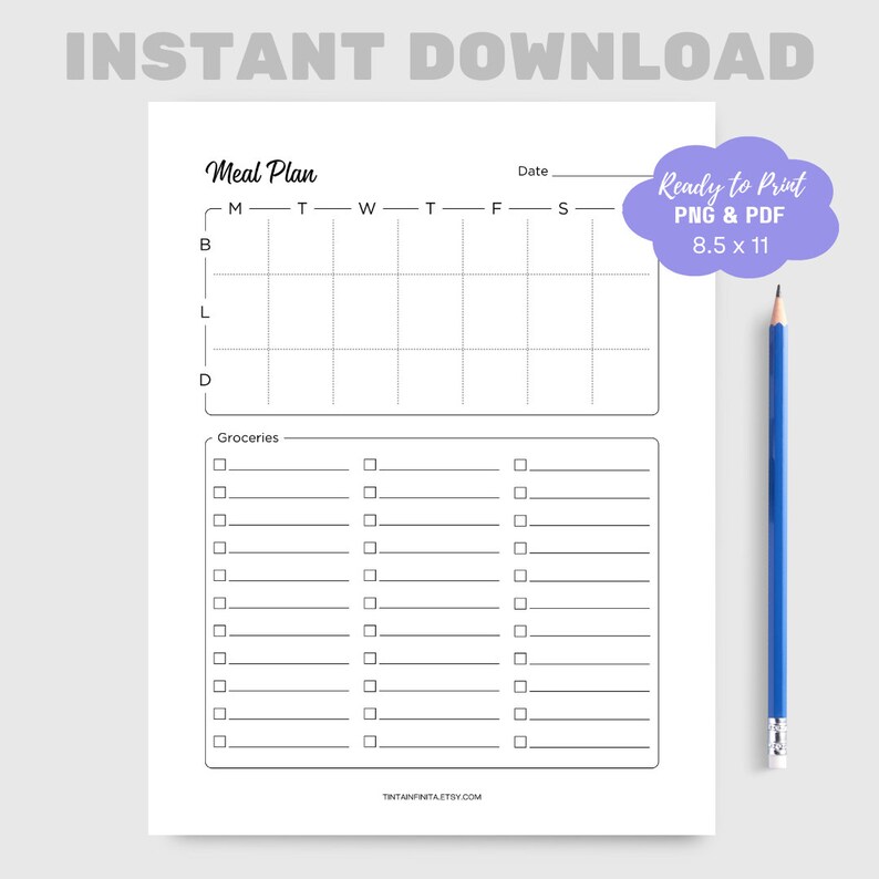 Meal Plan Printable PDF, Grocery List Organizer Sheet - Etsy