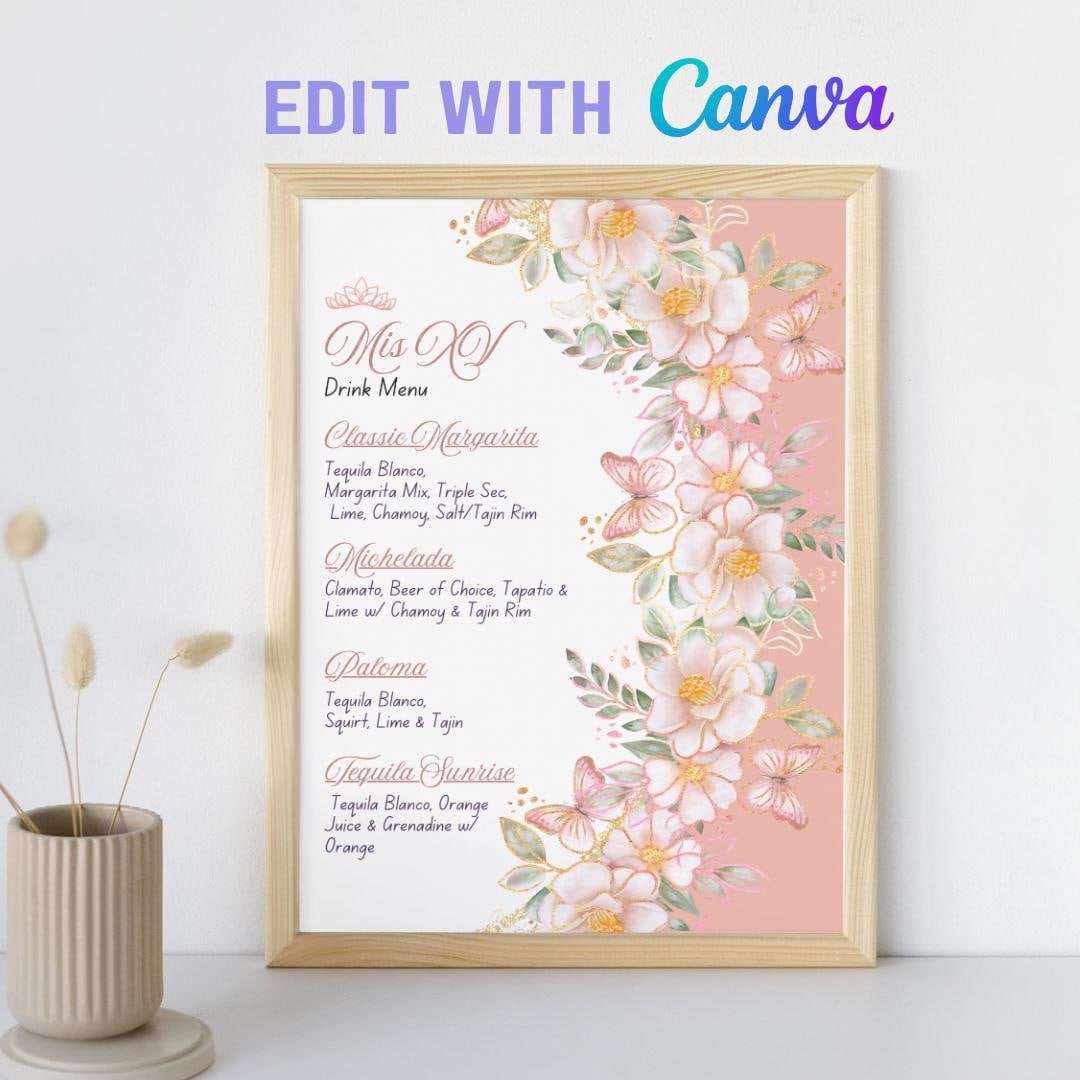 Quinceañera Drink Menu Floral Template XV Butterflies Cocktail Bar ...