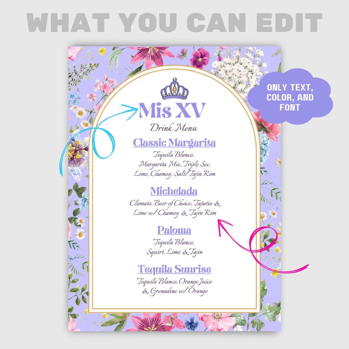 Quinceañera Drink Menu Floral Template | XV Purple Cocktail Bar Design ...