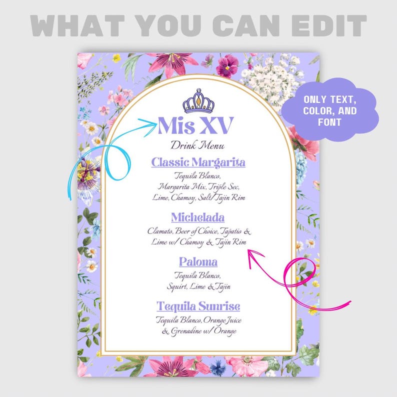 Quinceañera Drink Menu Floral Template | XV Purple Cocktail Bar Design ...
