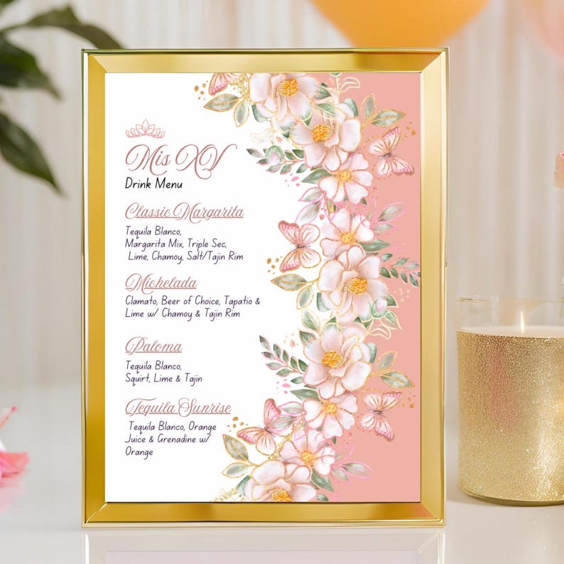 Quinceañera Drink Menu Template: Roses & Butterflies (canva Editable ...