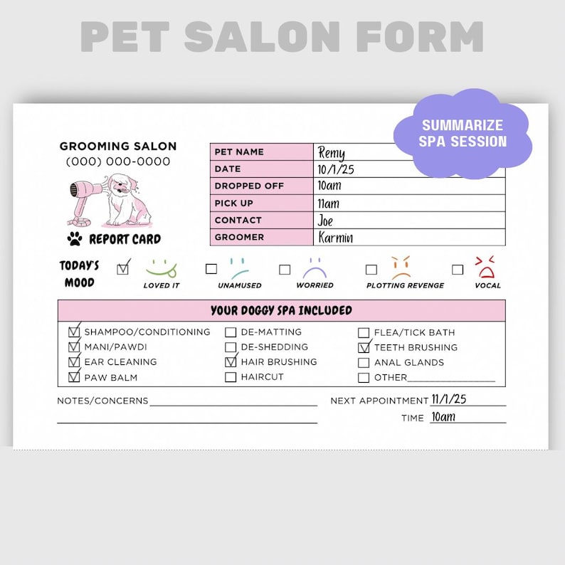 Dog Grooming Template Dog Report Card Printable Editable Dog Salon Form ...