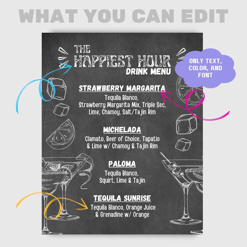 Cocktail Menu Chalkboard Style for Parties Bartending Canva Drinks List ...