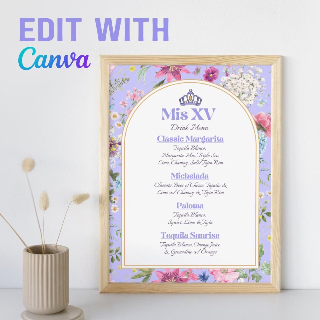 Quinceañera Drink Menu Floral Template | XV Purple Cocktail Bar Design ...