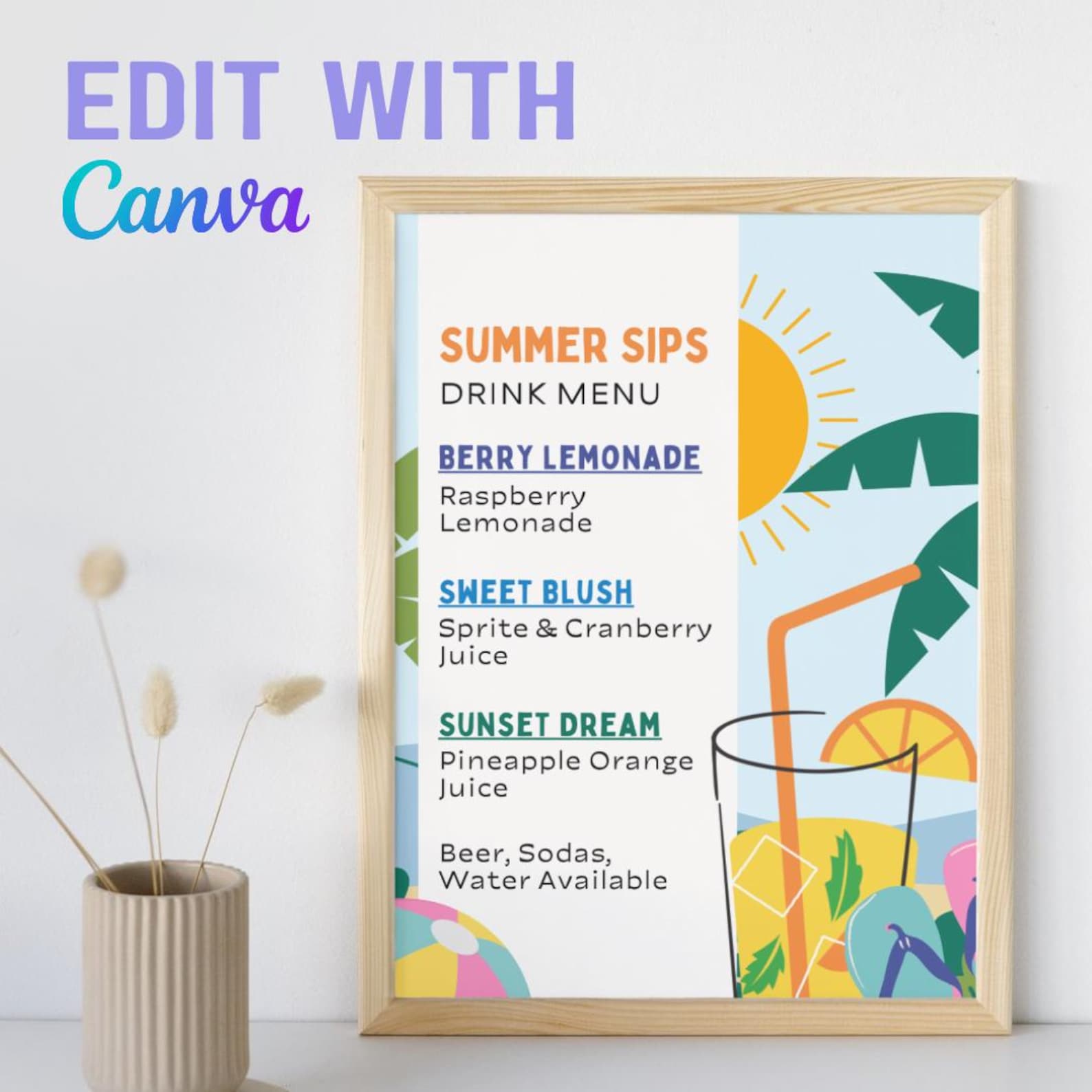 Summer Sips Drink Menu Template Cocktail Bar Design Printable Edit ...