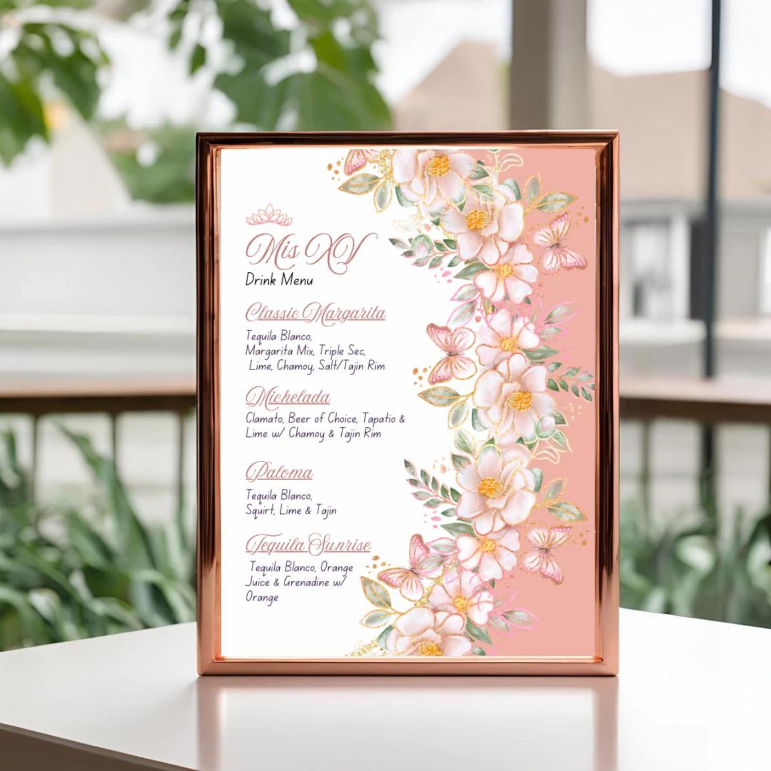 Quinceañera Drink Menu Floral Template XV Butterflies Cocktail Bar ...