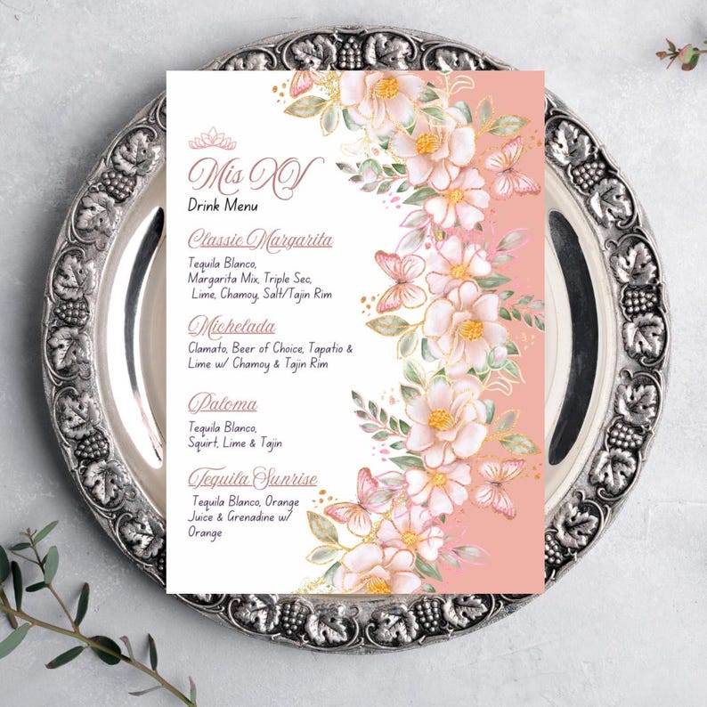 Quinceañera Drink Menu Floral Template | XV Butterflies Cocktail Bar ...