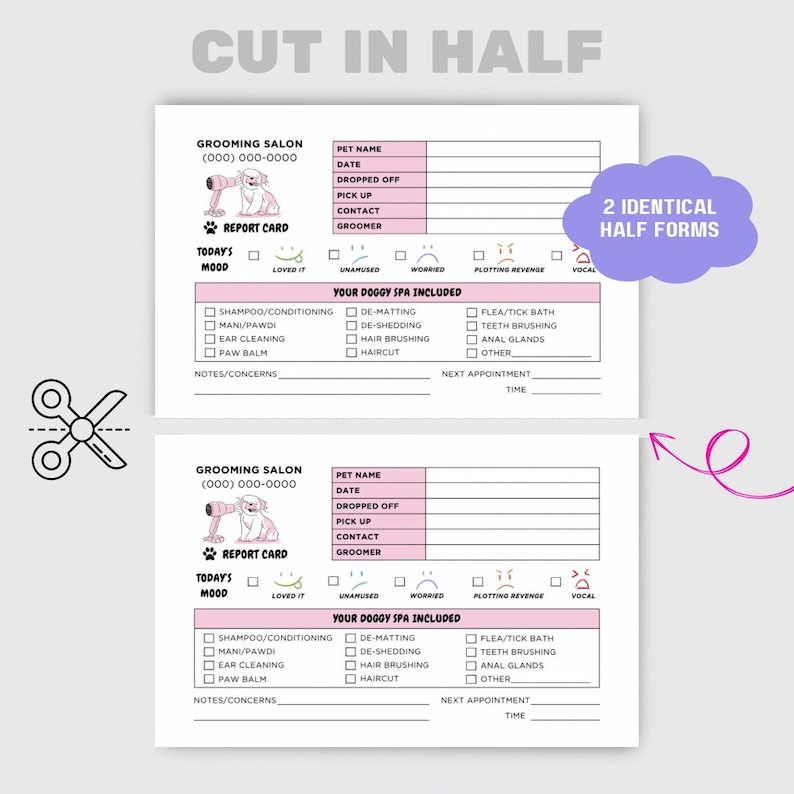 Dog Grooming Template Dog Report Card Printable Editable Dog Salon Form ...