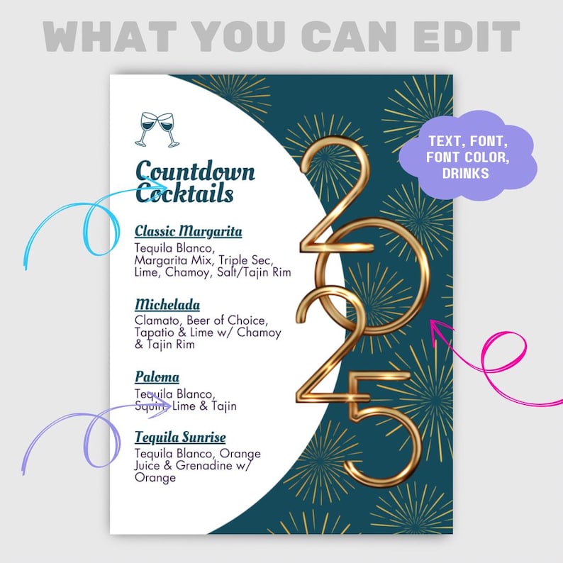 2025 New Years Eve Drink Menu Template Teal Gold Cocktail Bar Design ...