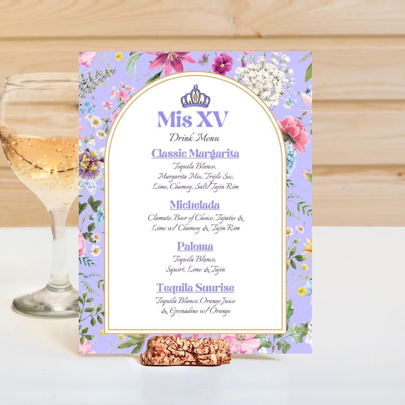 Quinceañera Drink Menu Floral Template | XV Purple Cocktail Bar Design ...