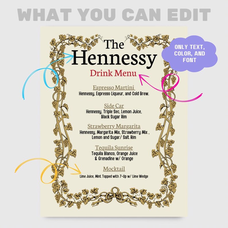 Customizable Hennessy Cocktail Menu for Parties | Bartending Canva ...