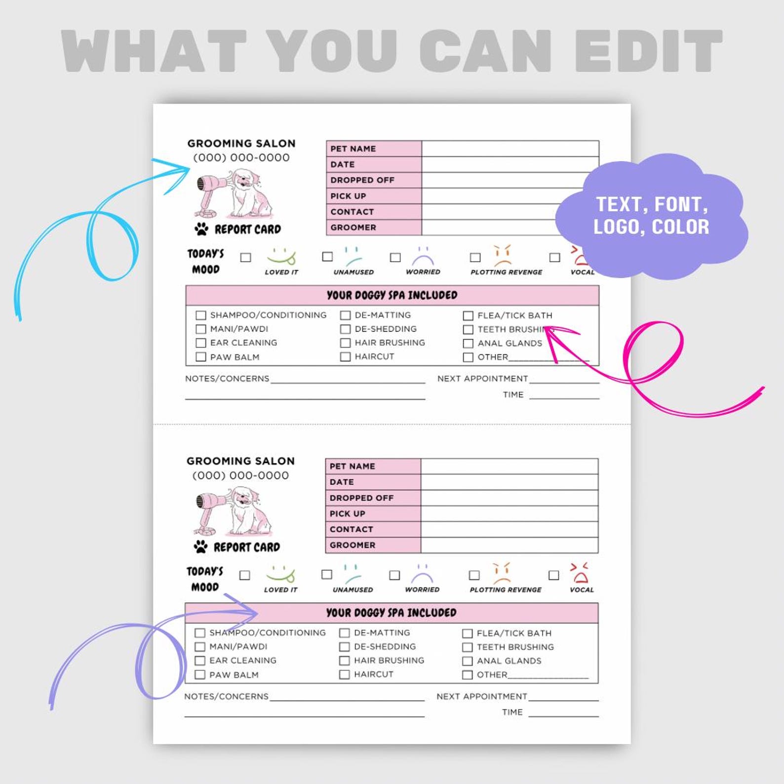 Dog Grooming Template Dog Report Card Printable Editable Dog Salon Form ...