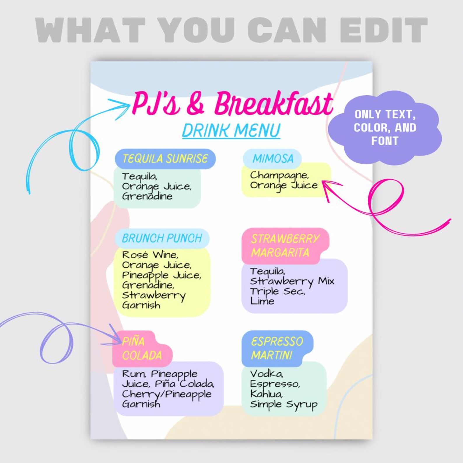 Editable Pastel Drink Menu Template | Colorful Cocktails Bar Menu ...