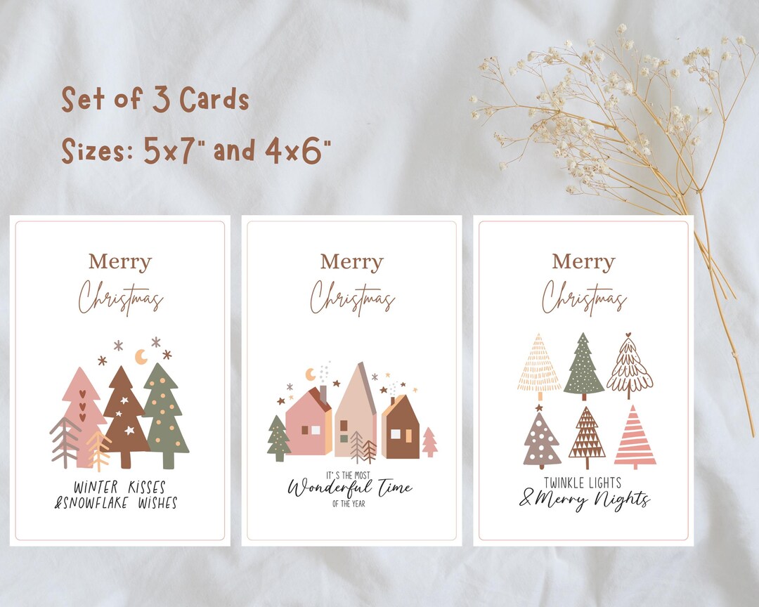 Boho Christmas Cards Printable Set of 3, Boho Watercolour Holiday ...