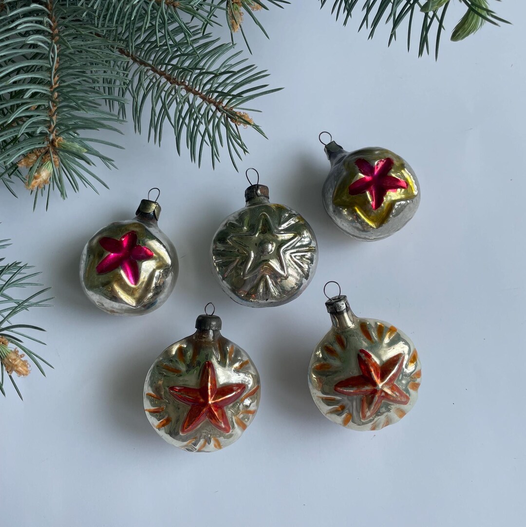 Vintage Glass Christmas Ornaments Set of 5 - Retro Soviet Decorations ...