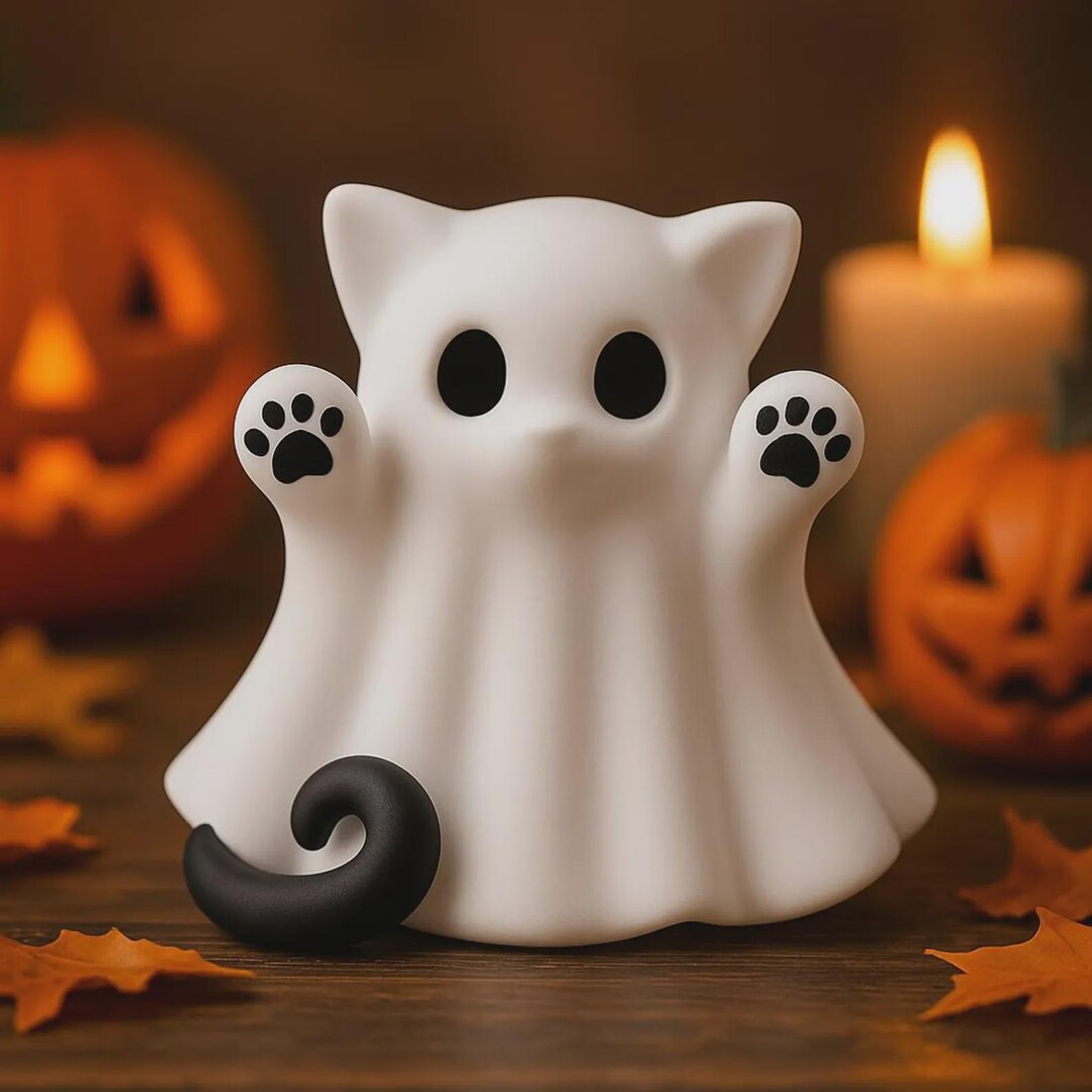 Halloween Ghost Cat Figurine – Cute Black Cat in Ghost Costume Fall ...