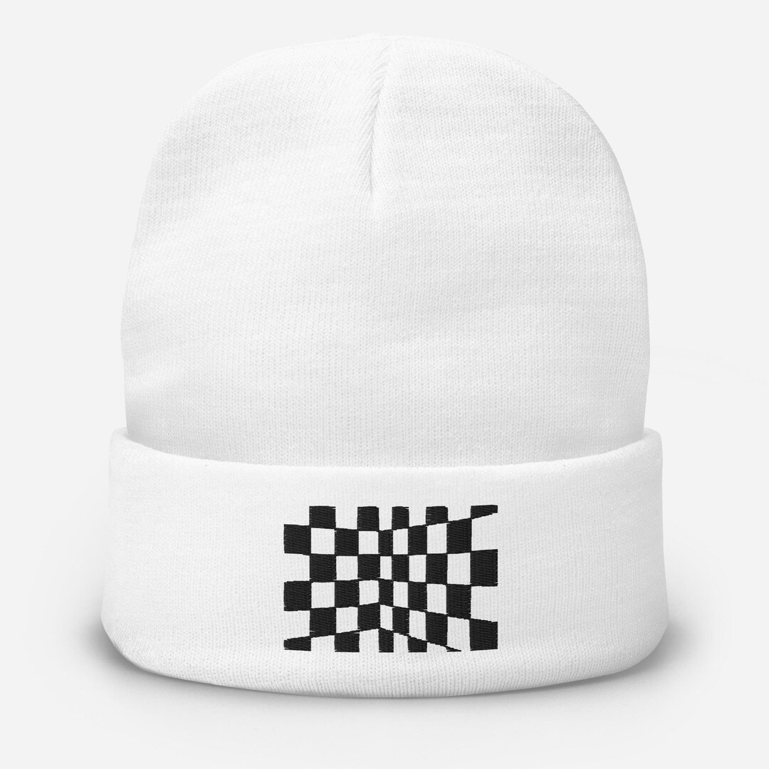 Trippy Checkerboard Optical Illusion Embroidered Beanie White Knit Hat ...