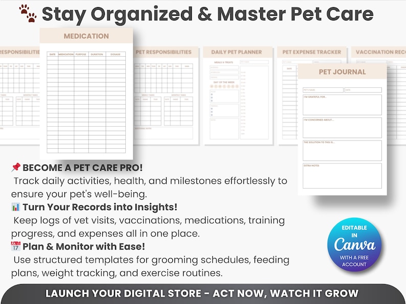 Pet Care Planner Printable Bundle, Animal Care Log, Pet Care Organizer ...