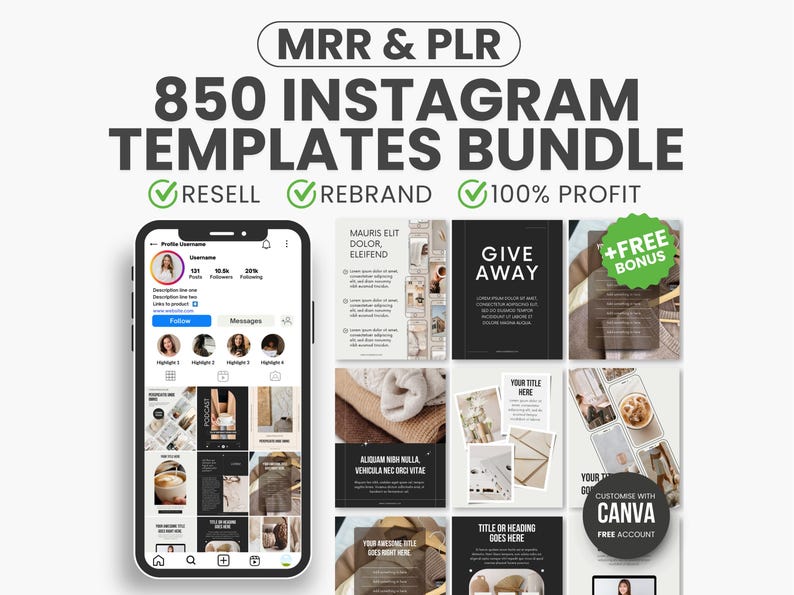 850 Instagram Templates Bundle, Social Media Template Bundle, PLR ...