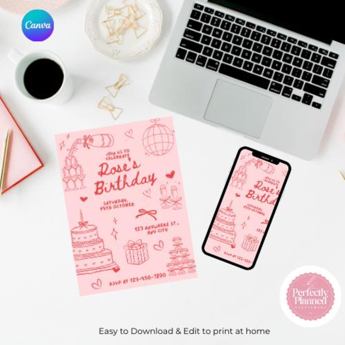 Vintage Rococo Style Birthday Invitation Template | Elegant Bow Doodle ...