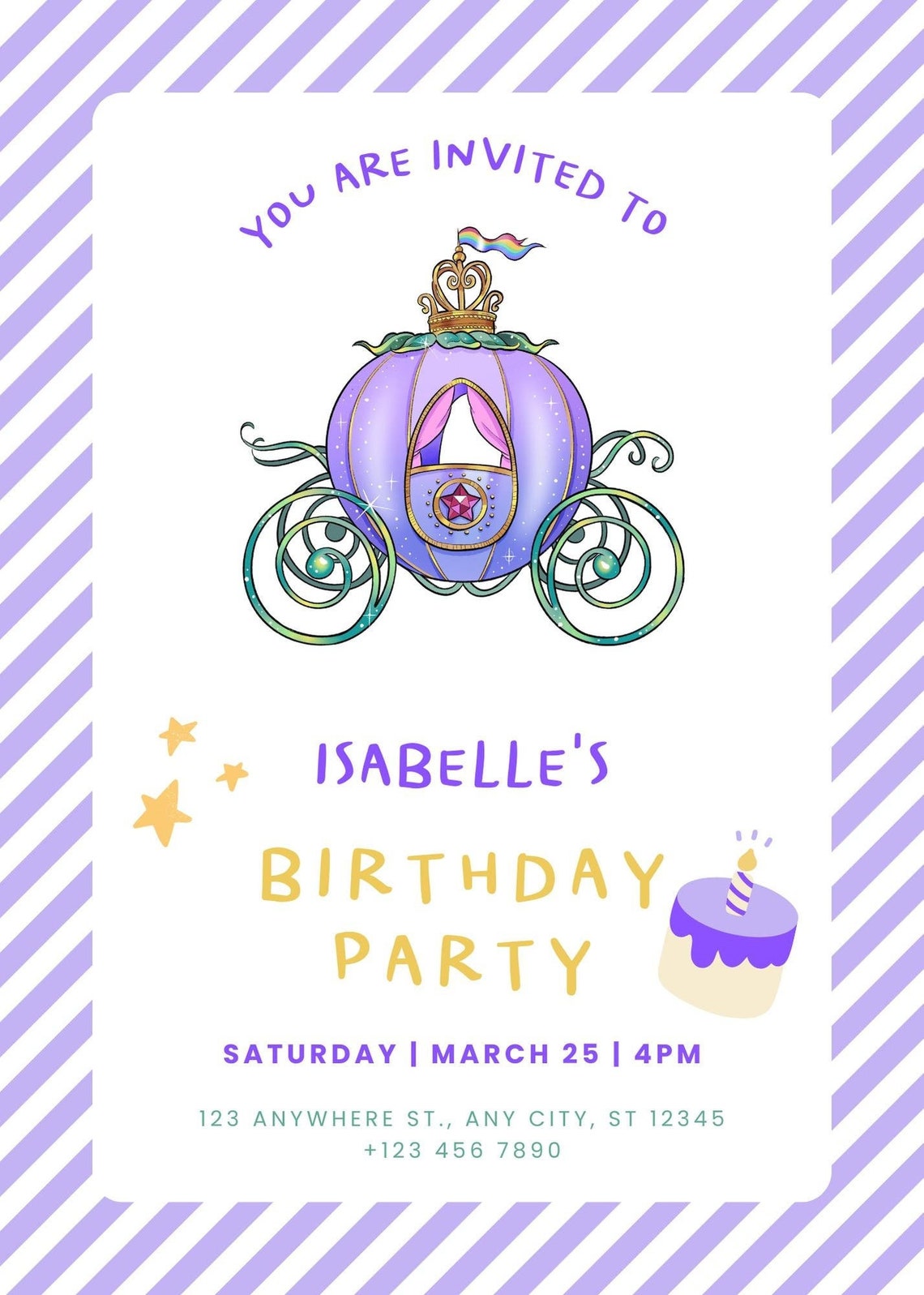 Editable Princess Cinderella Carriage Birthday Invitation 5x7 ...