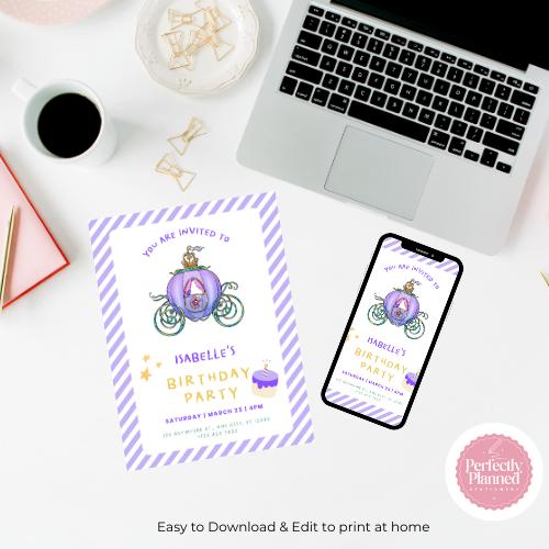 Editable Princess Cinderella Carriage Birthday Invitation 5x7 ...