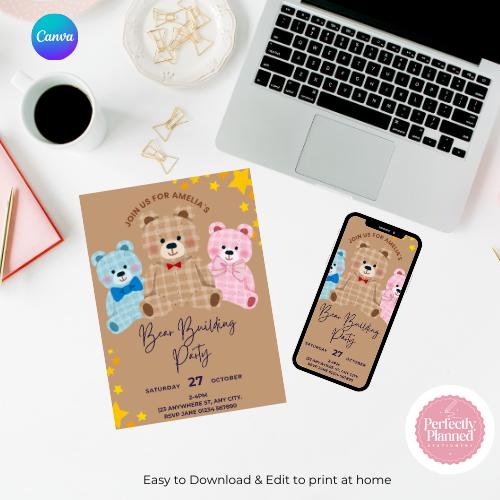 Editable Bear Building Party Invitation | DIY Teddy Bear Making Party ...