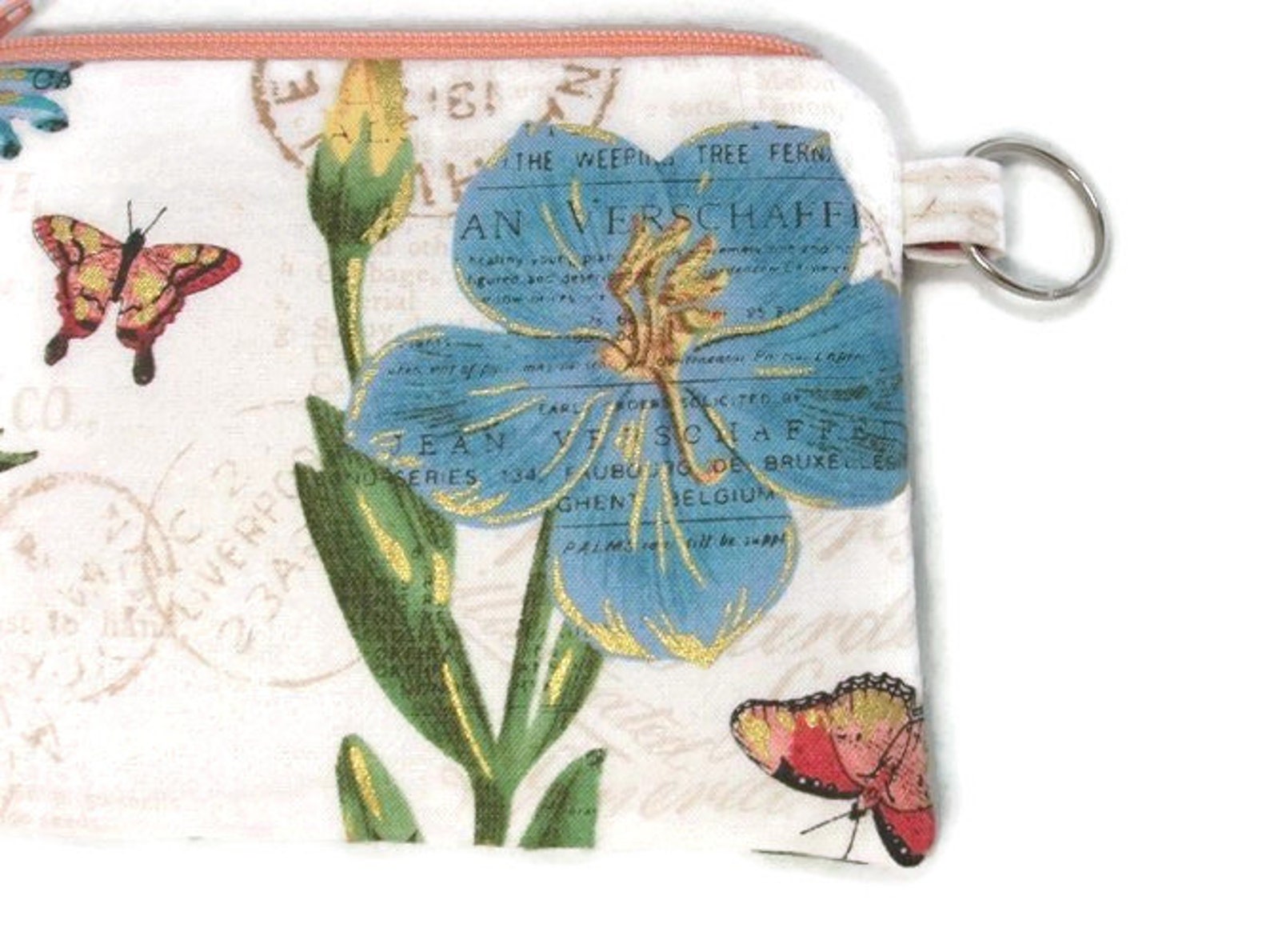 Padded Zipper Pouch With Silver Split Ring in Bookshelf Botanical Print ...