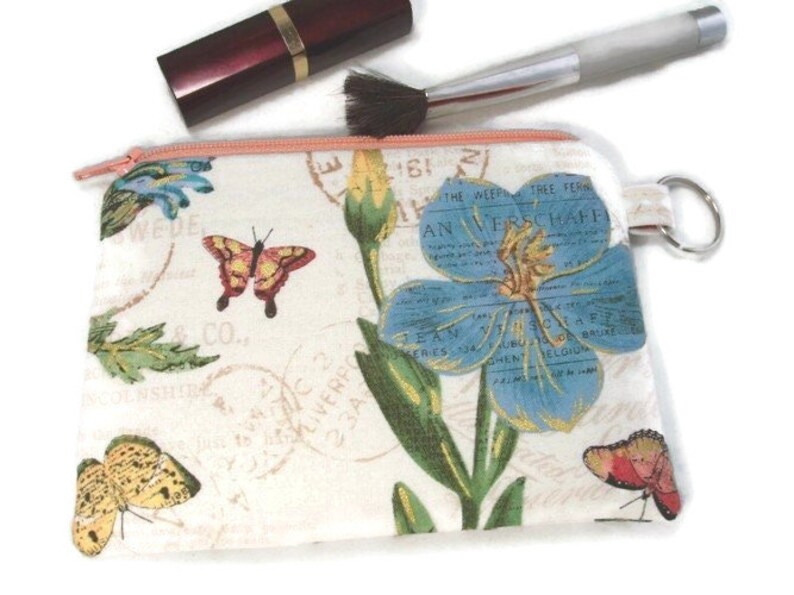 Padded Zipper Pouch With Silver Split Ring in Bookshelf Botanical Print ...