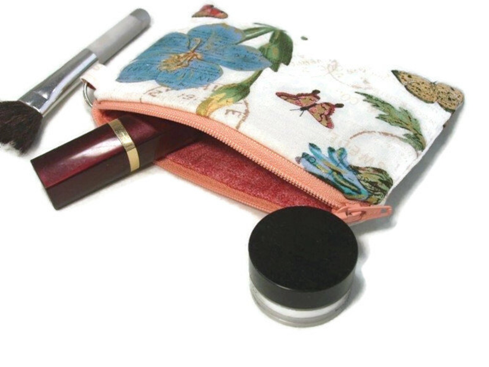Padded Zipper Pouch With Silver Split Ring in Bookshelf Botanical Print ...
