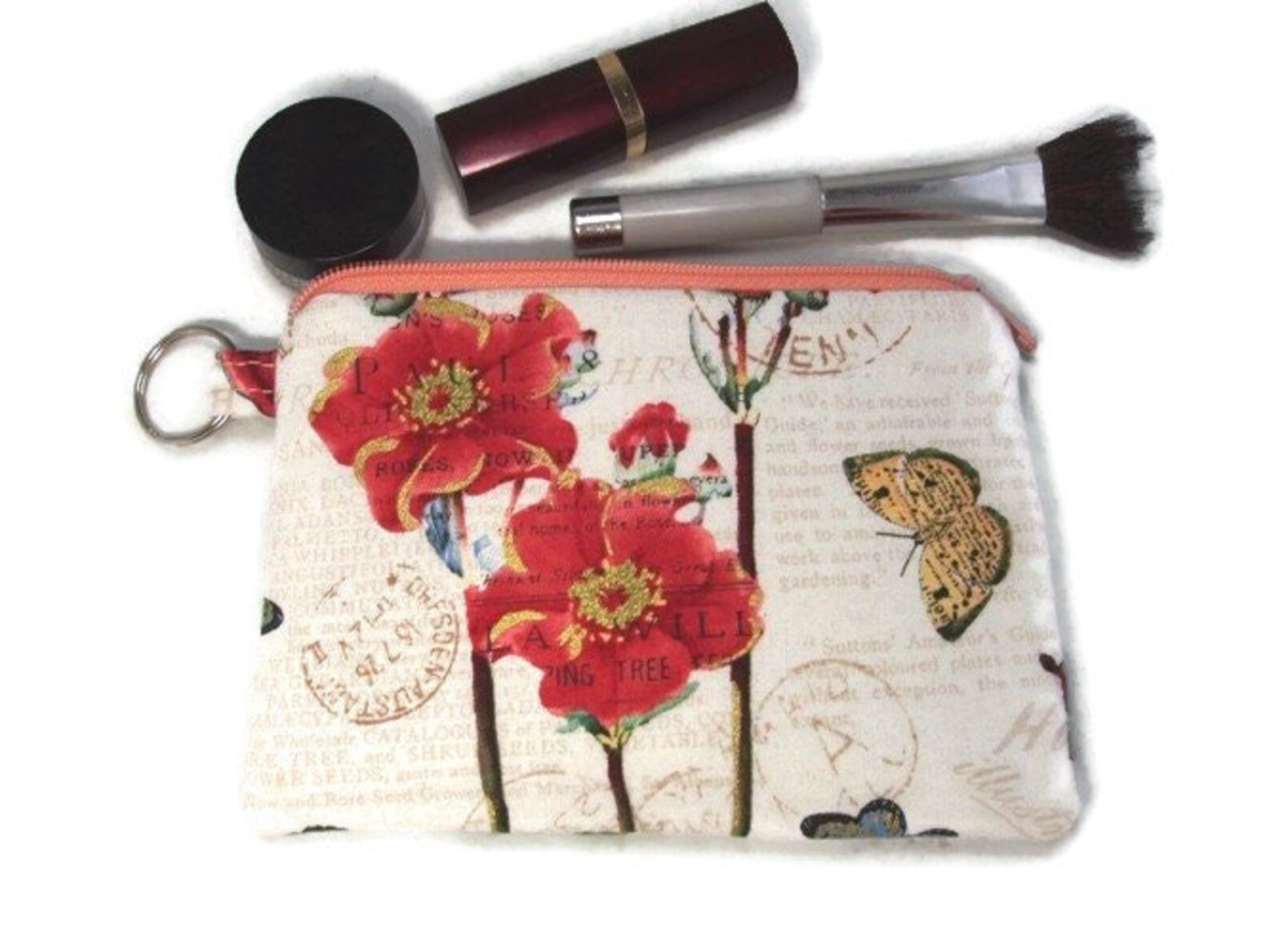 Padded Zipper Pouch With Silver Split Ring in Bookshelf Botanical Print ...
