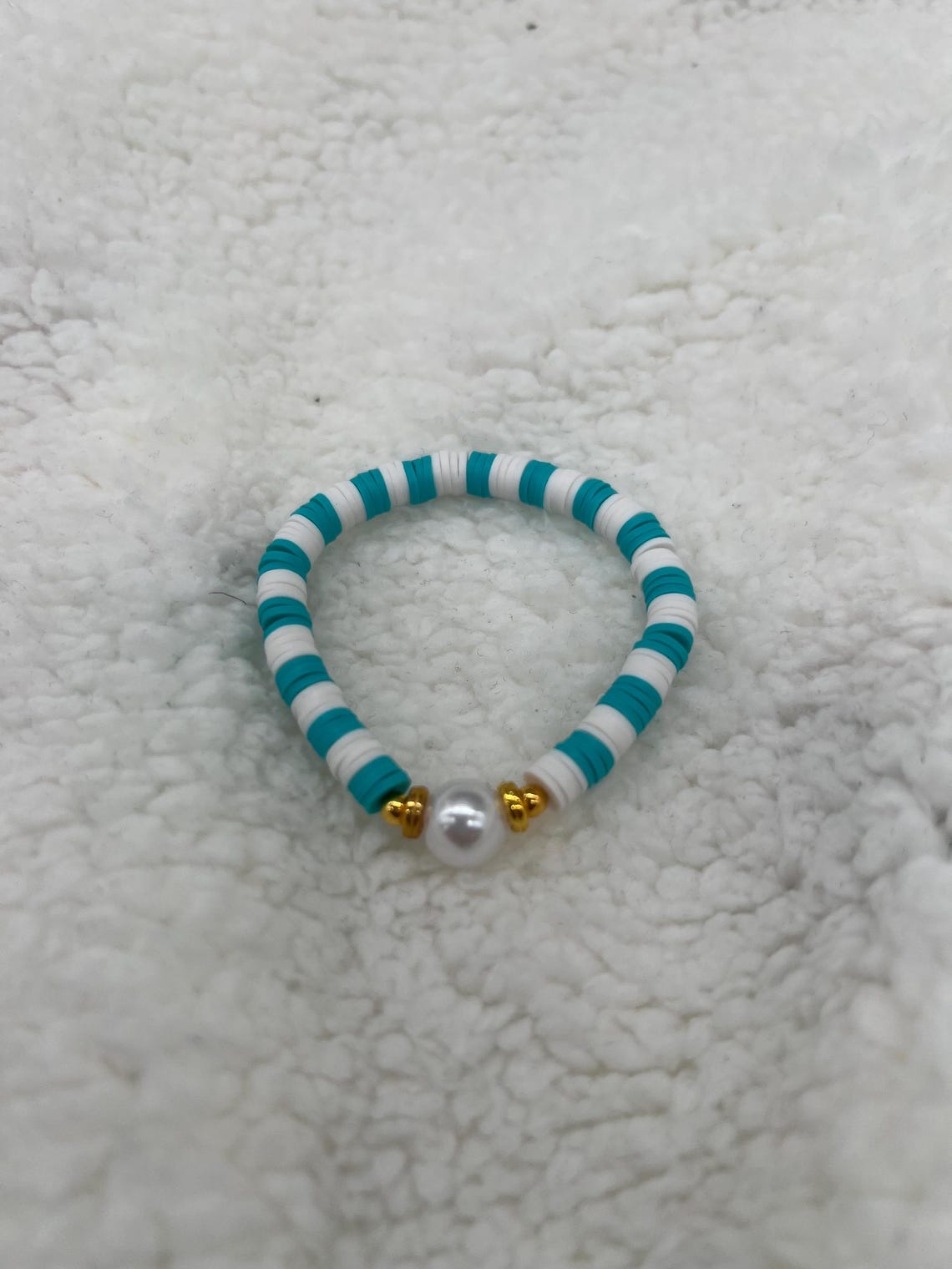 Ocean Beach Themed Clay Bead Bracelet Blue and White Pearl and Gold - Etsy