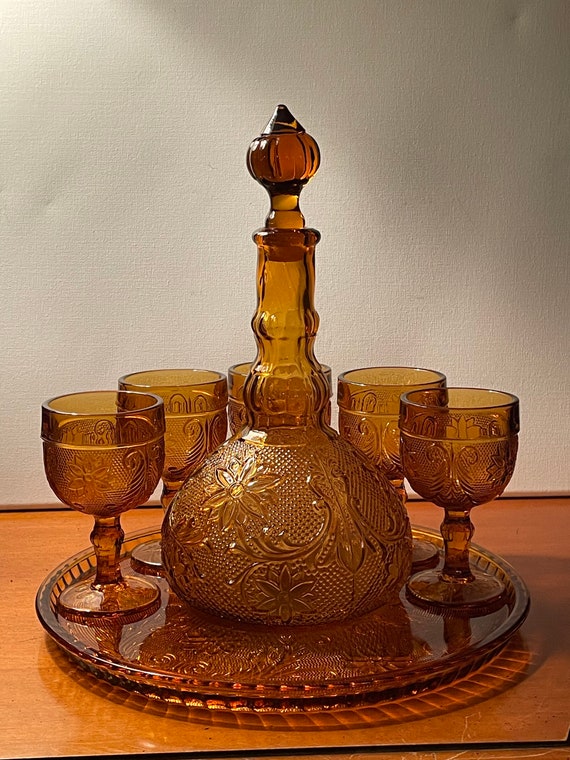Antique Amber Glass Decanter Set - Etsy
