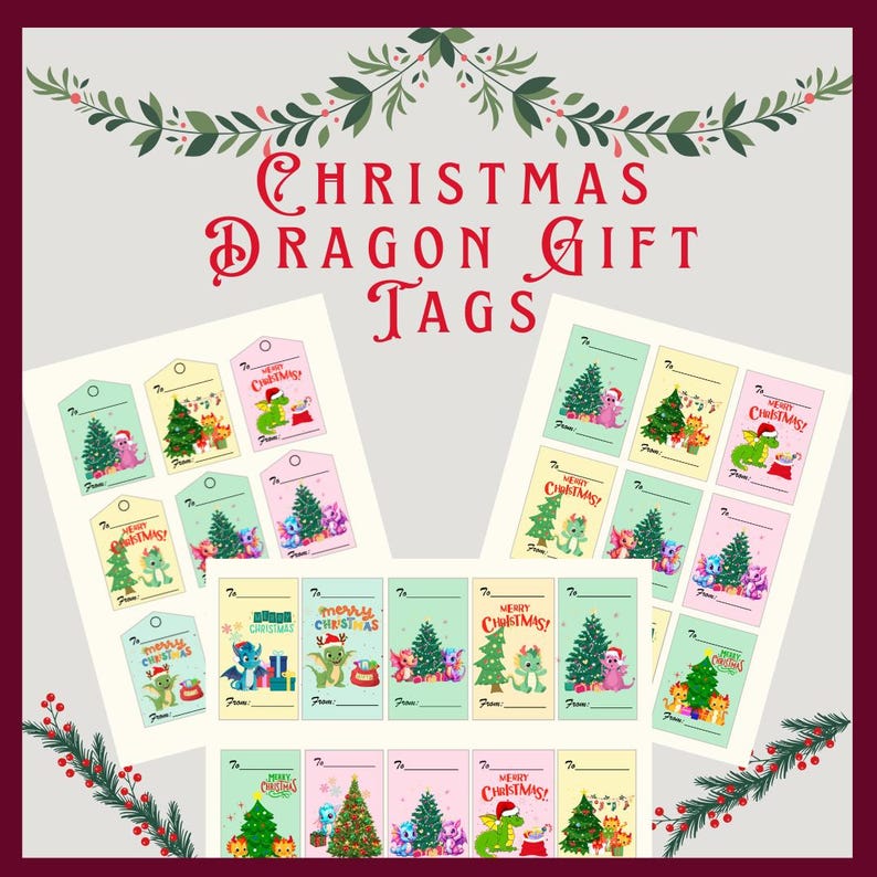 Printable Christmas Dragon Gift Tags, Printable Dragon Holiday Tags for ...