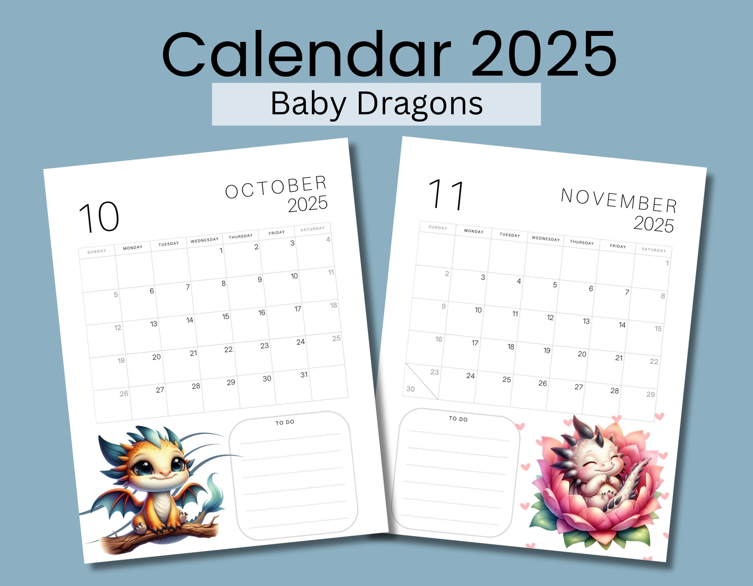 Calendar 2025 Baby Dragons, Printable Baby Dragon Themed Calendar ...
