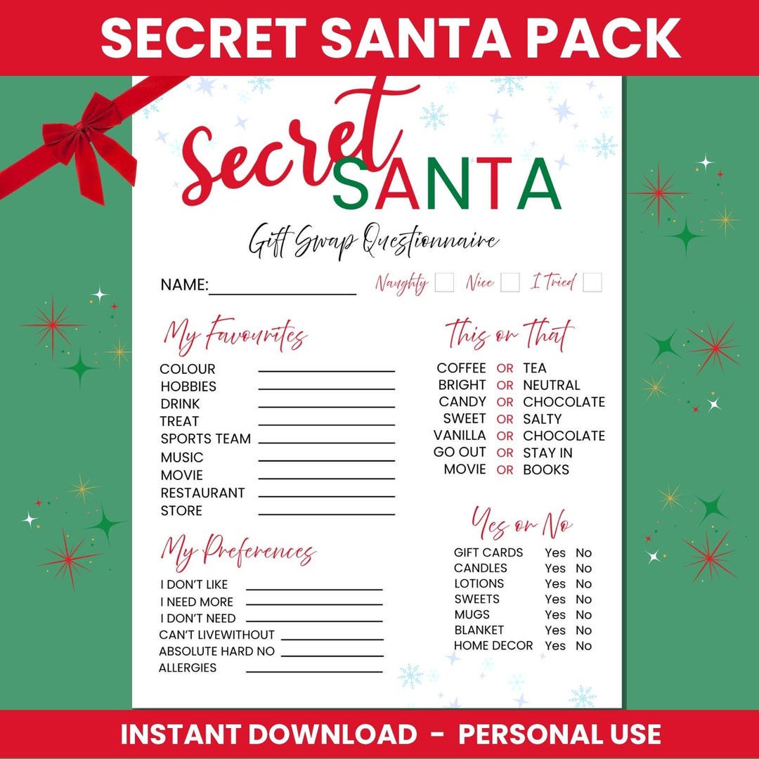 Secret Santa Questionnaire Pack Printable, Christmas Gift Exchange ...