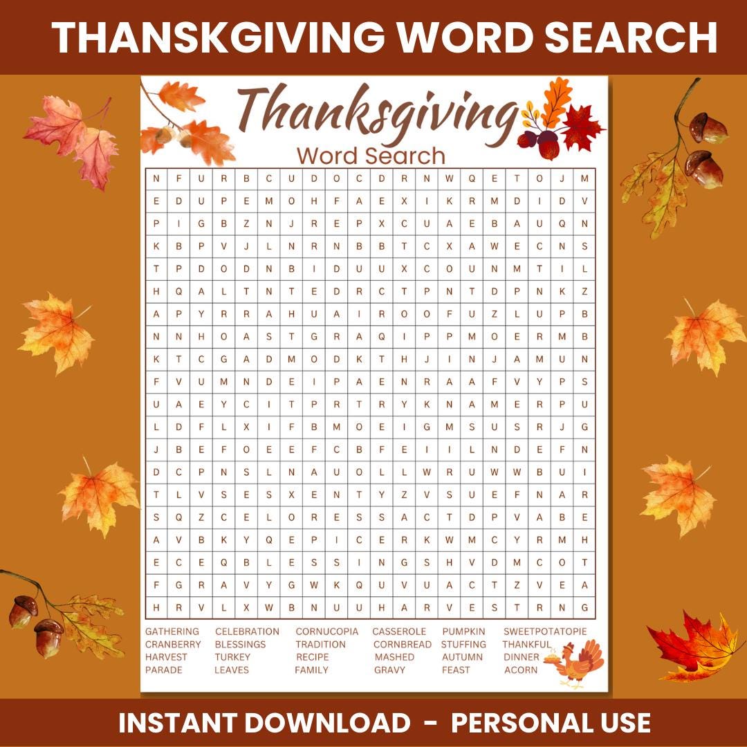 Thanksgiving-themed Word Search Printable Puzzle. Fun Fall Activity for ...