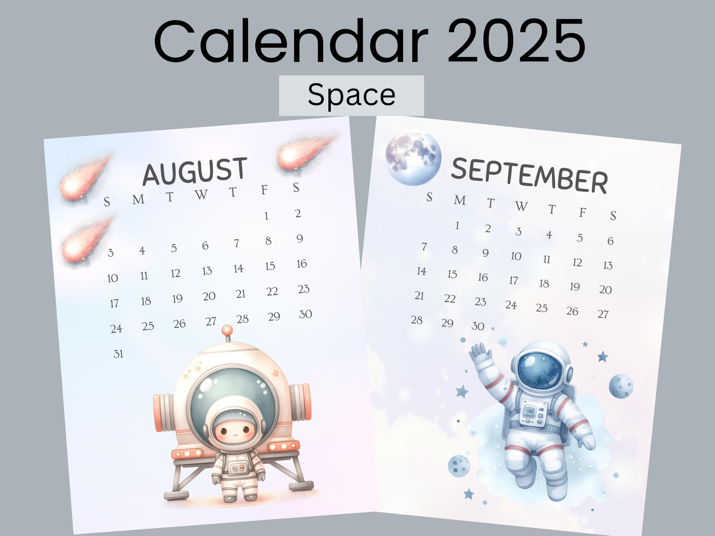 Calendar 2025 Space-themed Kids Printable Calendar, Cute Kids Printable ...