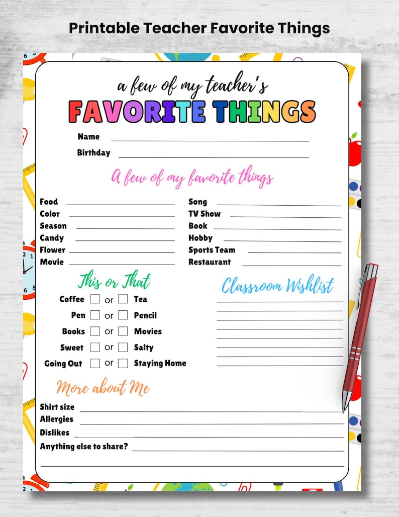 Teacher Favorites List Printable: Back to School Gift Organizer (PDF ...