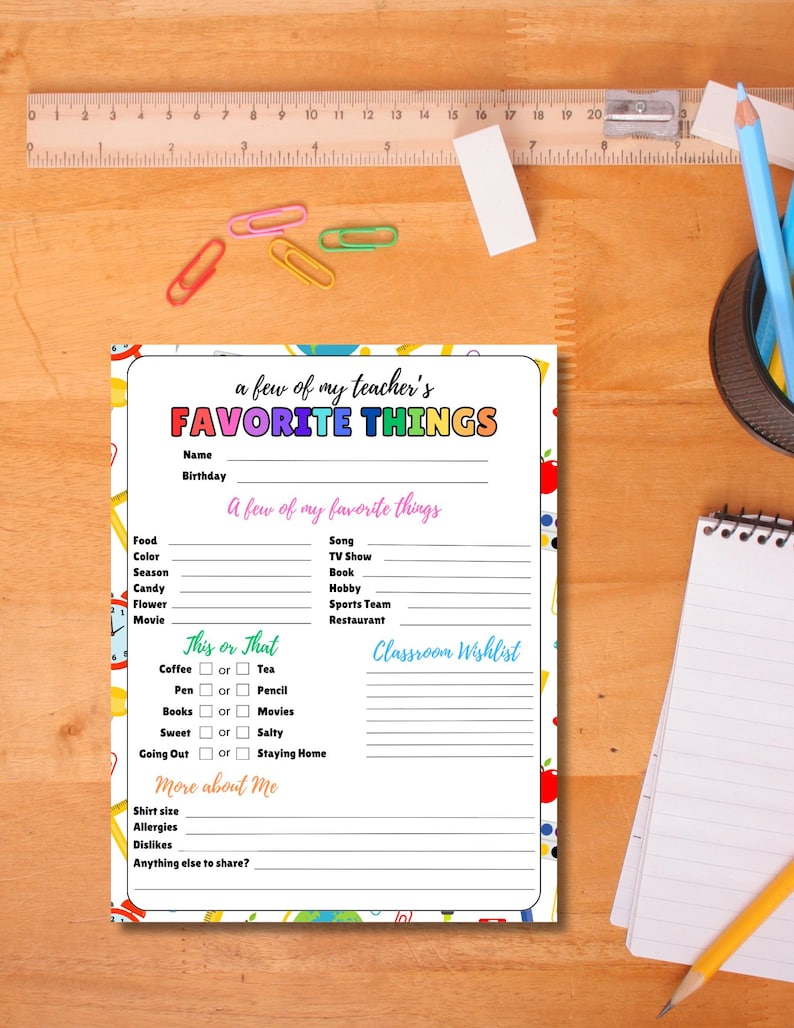 Teacher Favorites List Printable: Back to School Gift Organizer (PDF ...